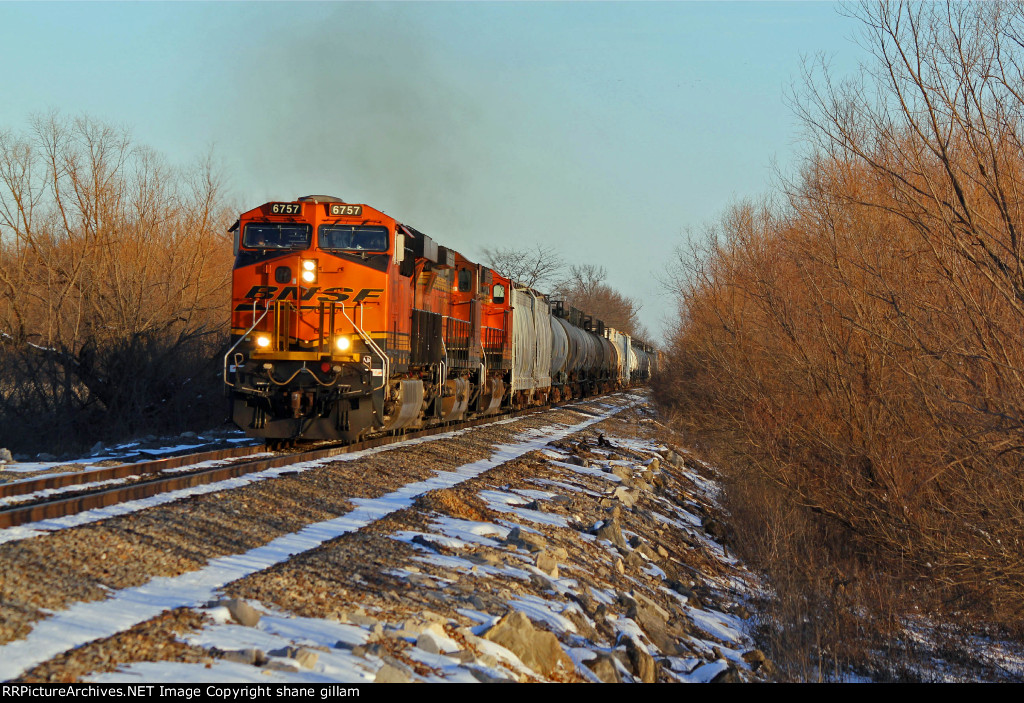 BNSF 6757 leads a Freight Nb into the evening Sun.